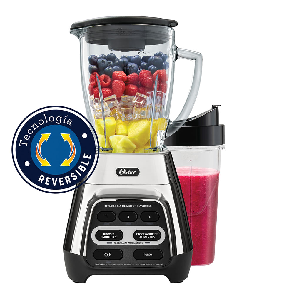 Licuadora Oster® con programas automáticos, tecnología reversible y vaso Blend-N-Go BLSTPYG1311NBG